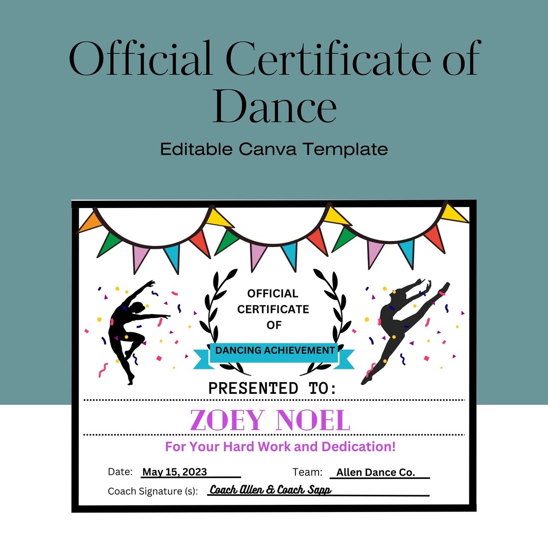 Dancing Certificate Template, Editable Dance Award, Printable Dancing ...