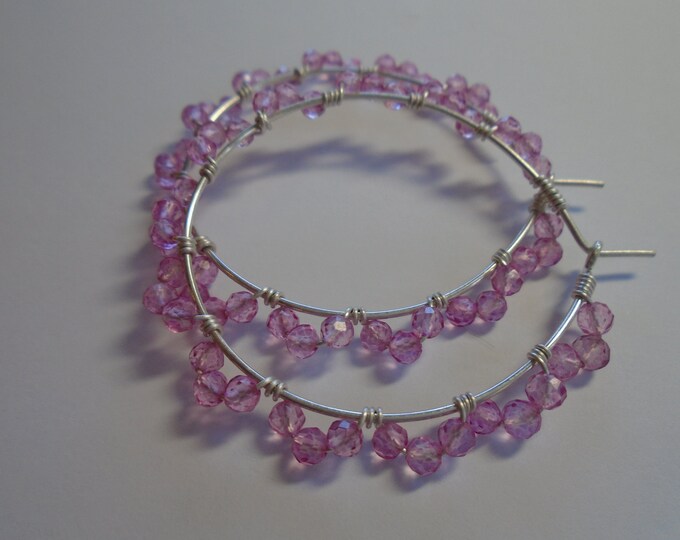 Wire Wrapped Pink Topaz Large Hoop Earrings. Sterling Silver Pink Gem ...