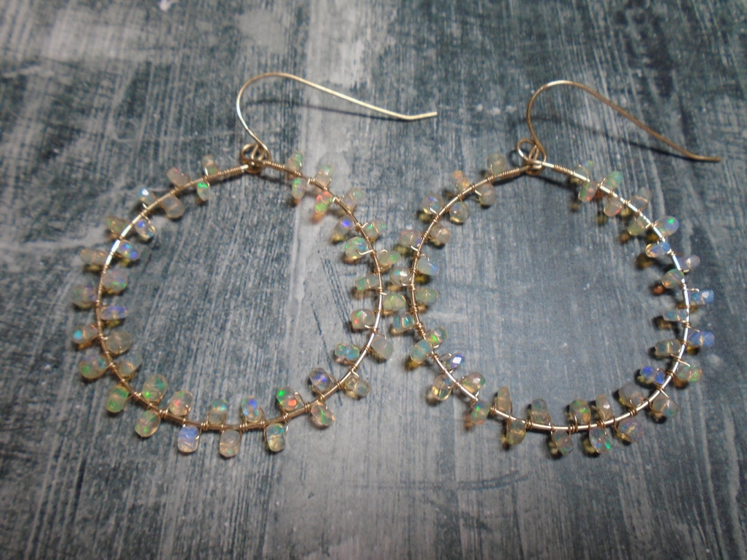 Opal 14K X-tra Large Hoop Earrings, Wire Wrapped Hoop Earrings ...