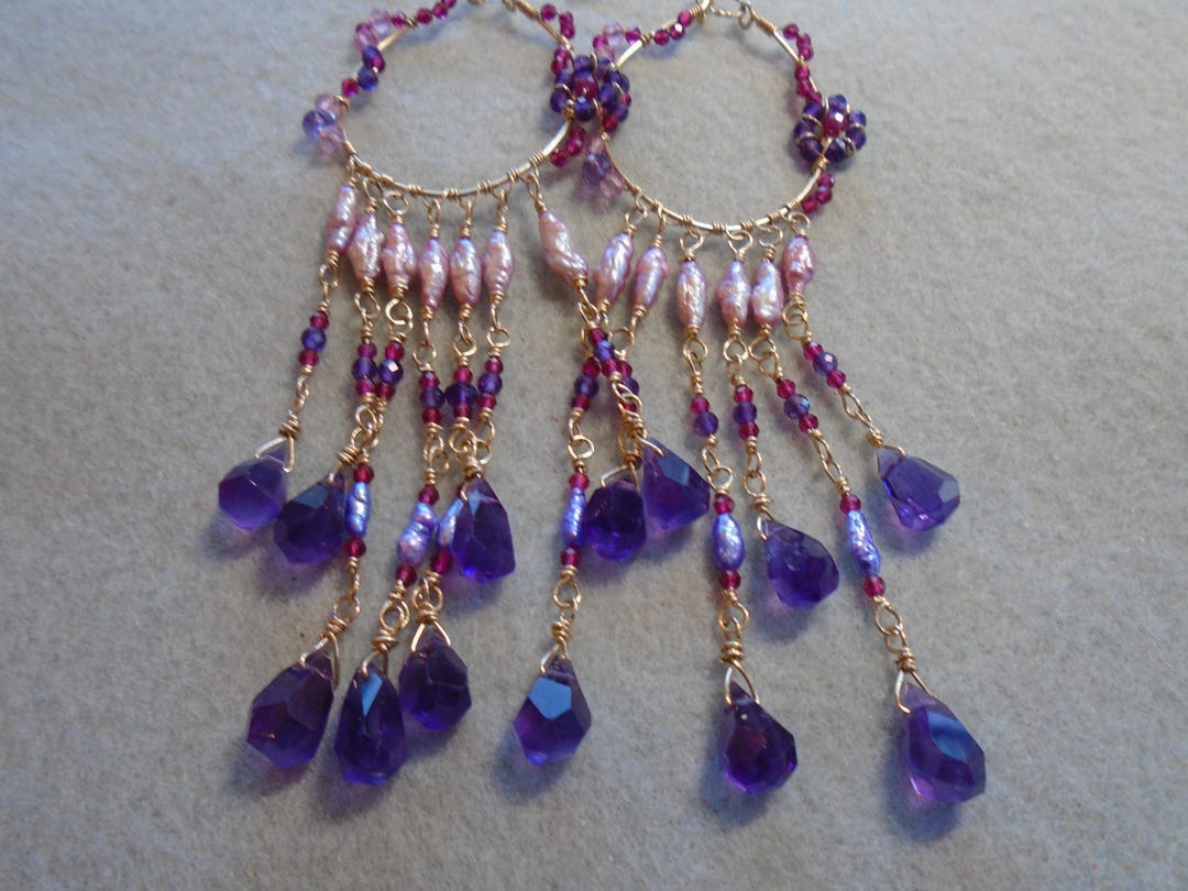 Wire Wrapped Fancy Gems Pearls Gold Hoops, Amethyst Pink Spinel 14K ...