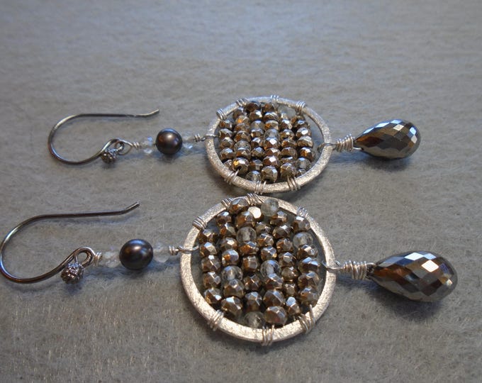 Silver Pyrite Woven Frame Earrings, Long Circle Oxidized Silver Fancy ...