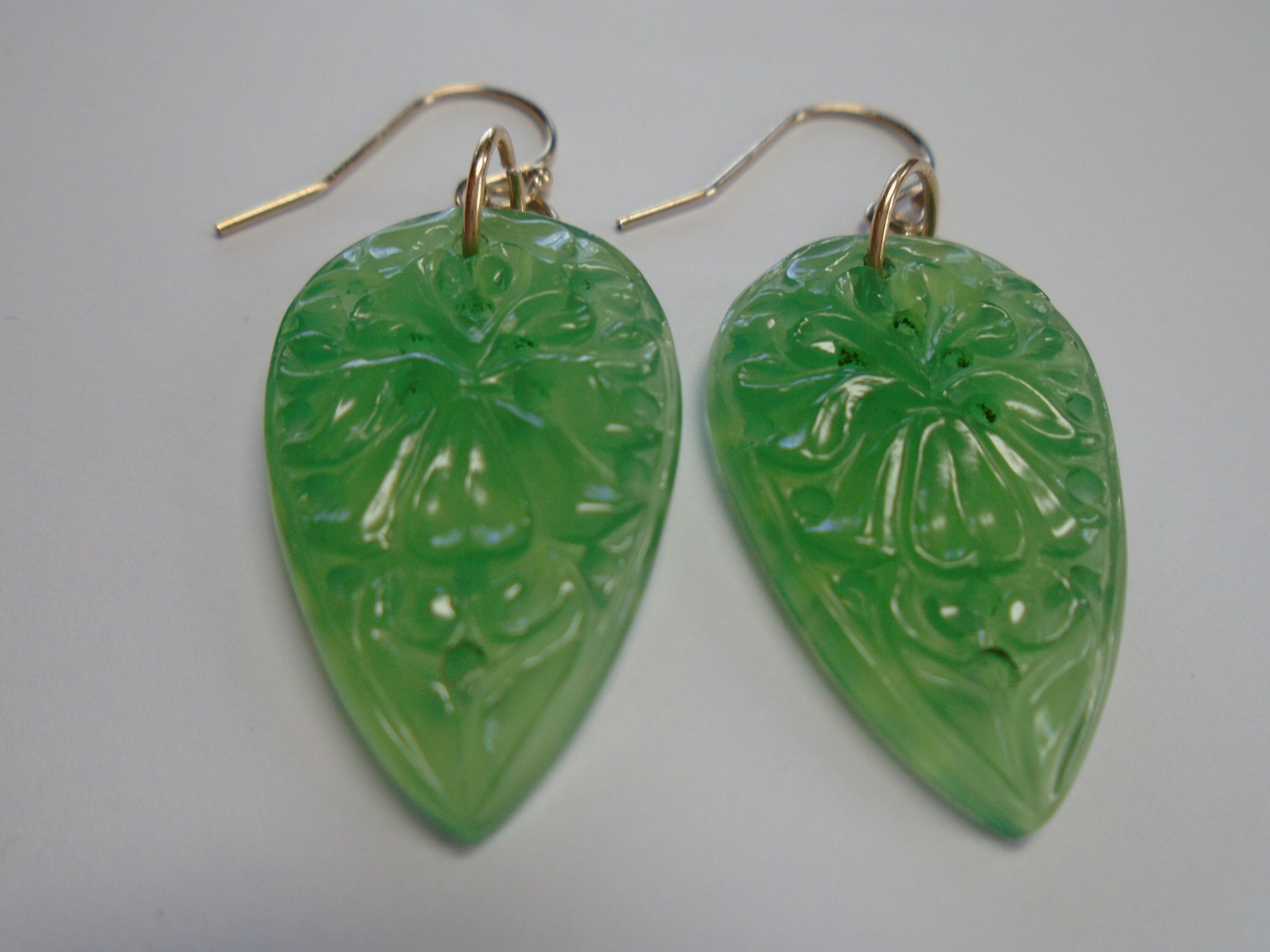 Serpentine Floral Carved 14K Earrings, Large Serpentine Earrings, Drop/dangle 14K Earrings, Gift ...