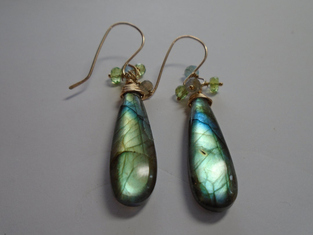 Blue Flash Labradorite Gold Earrings, Multi Color Gem Earrings, 14K ...