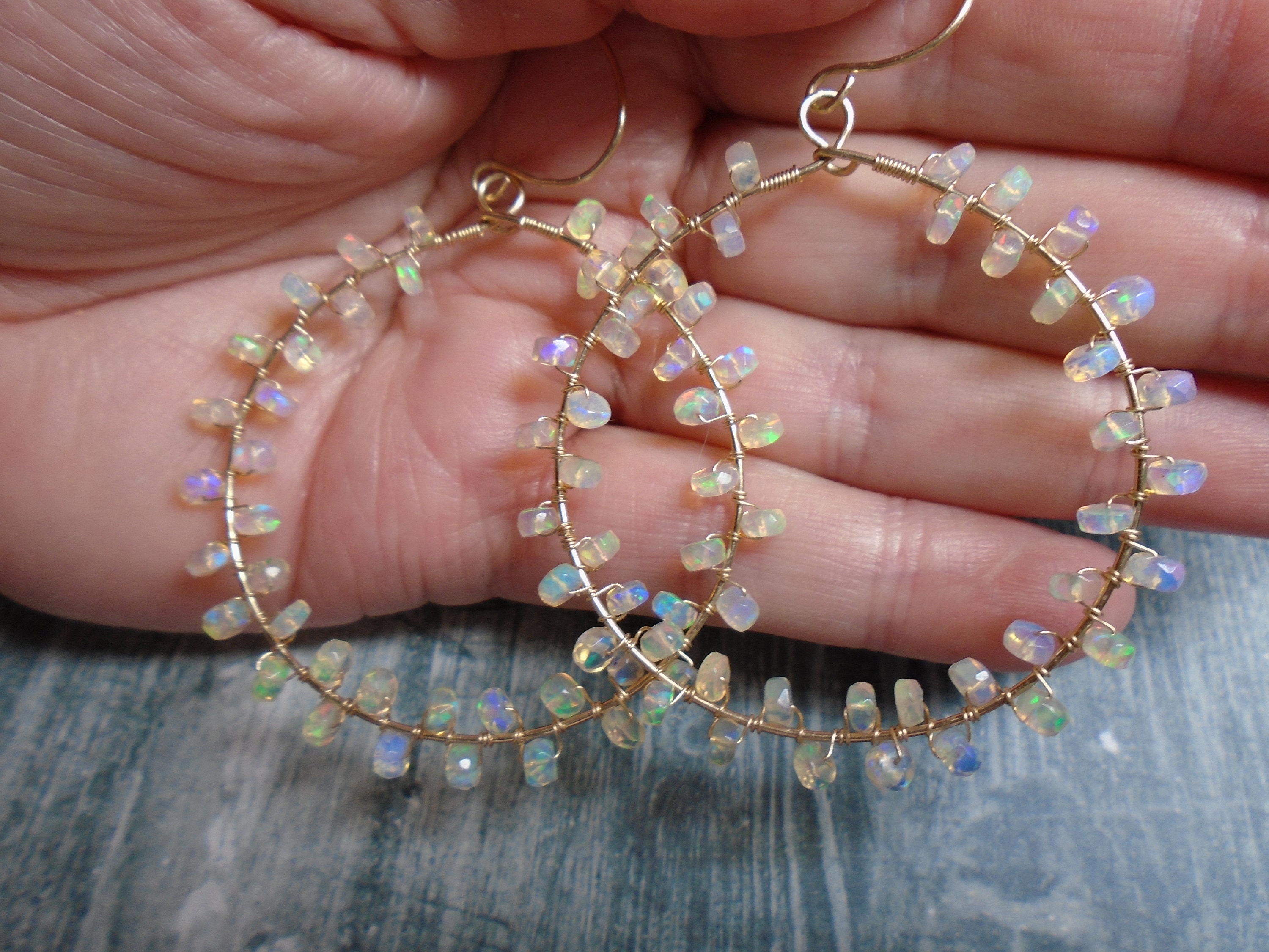 Opal 14K X-tra Large Hoop Earrings, Wire Wrapped Hoop Earrings ...