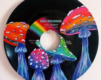 Small Mushroom Painting, Vinyl Record Art, Mushie Artwork, Repurposed ...