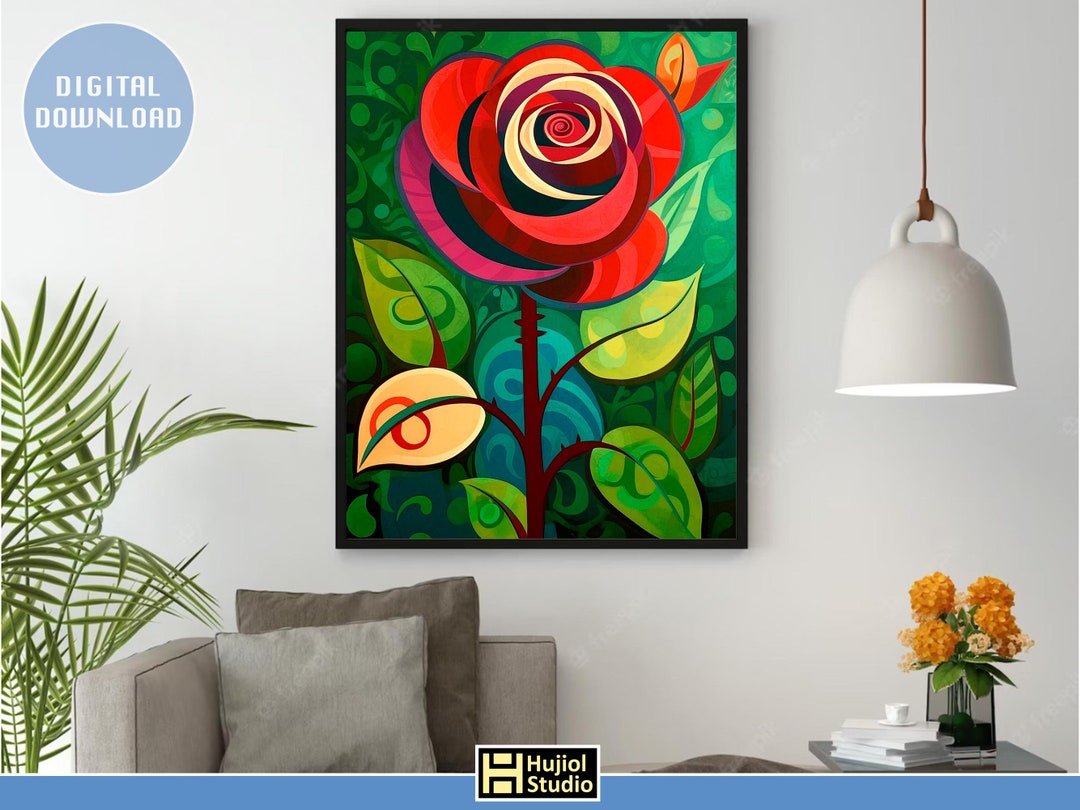 Digital and Printable Red Rose Flower Wall Art | Modern Illustration ...