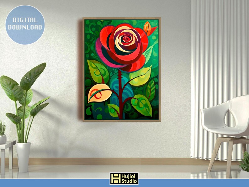 Digital and Printable Red Rose Flower Wall Art | Modern Illustration ...