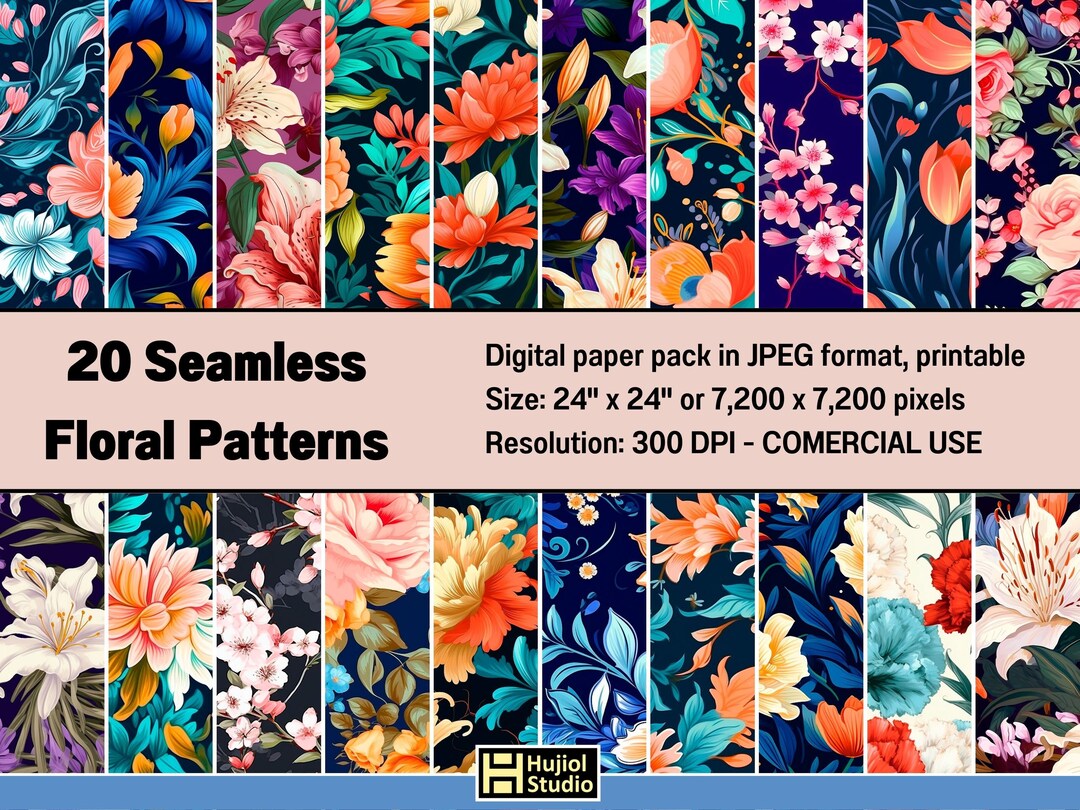 Floral Digital Paper Pack 2 | 20 Flowers Seamless Patterns Digital ...