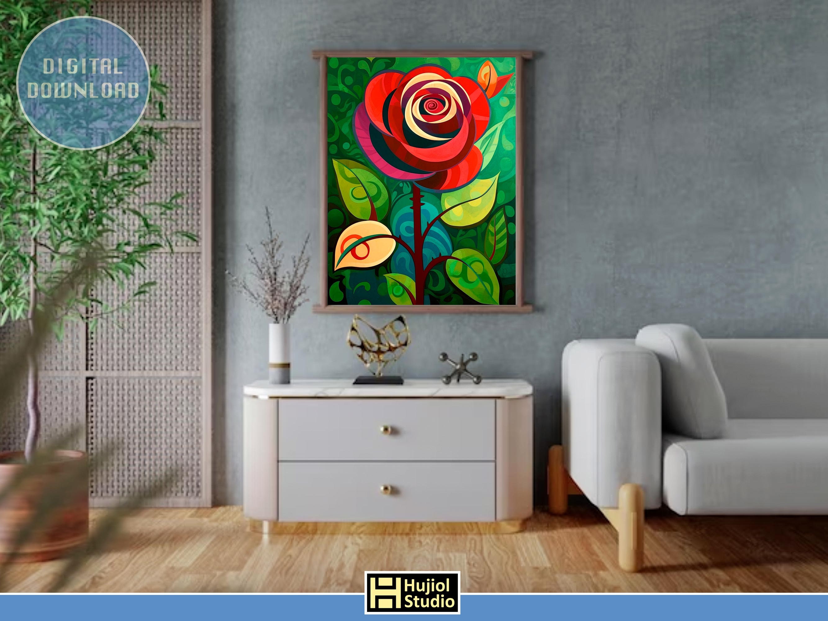Digital and Printable Red Rose Flower Wall Art | Modern Illustration ...