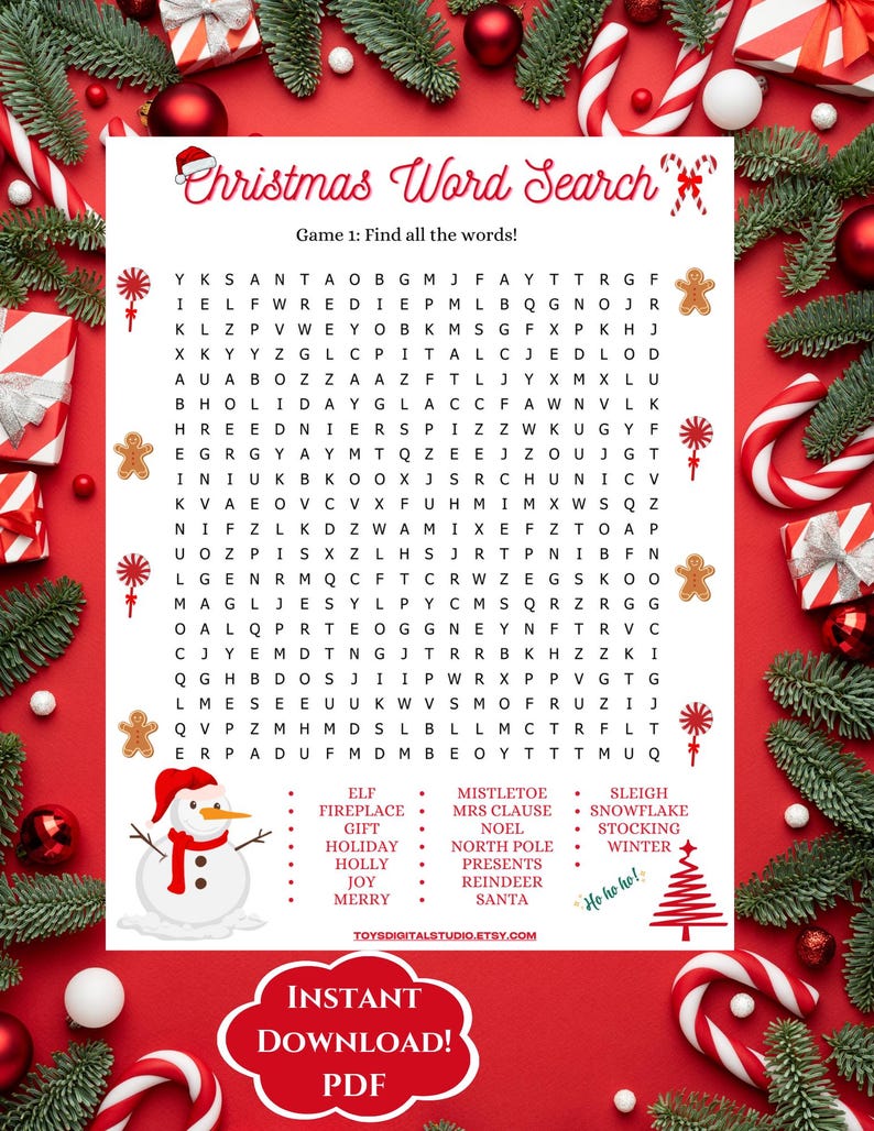 Printable Christmas Word Search Puzzle Fun Holiday Activity for Kids ...