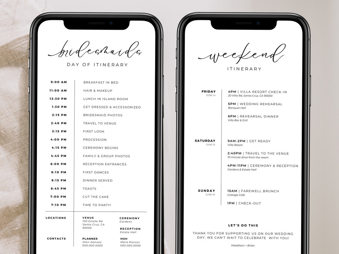Wedding Party Timeline Mobile Wedding Itinerary Template Digital ...