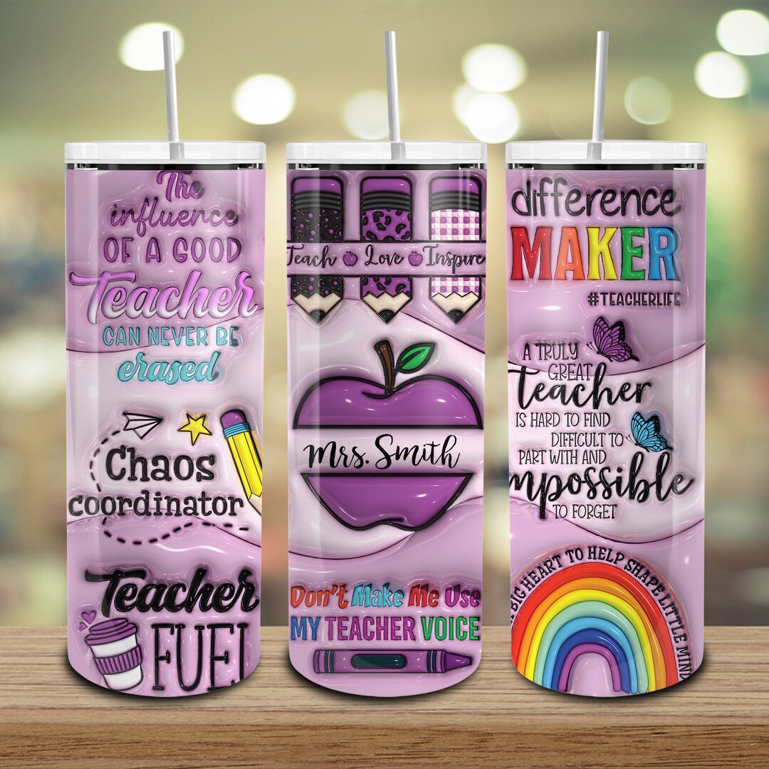 Personalized Purple Teacher 20oz Skinny Tumbler Png, 3D Inflated ...