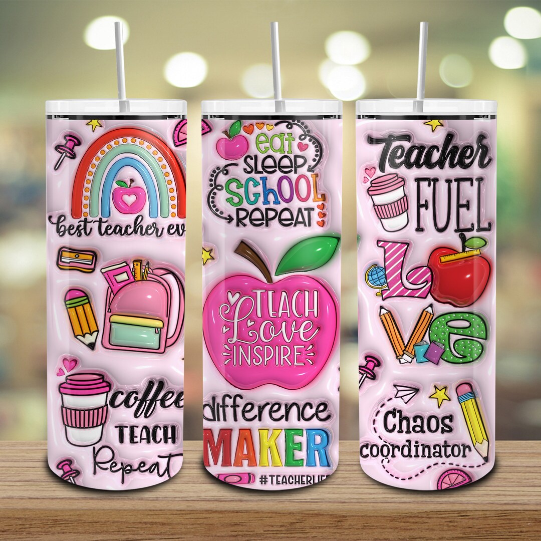 Pink Teacher Fuel 20oz Skinny Tumbler Png, 3D Inflated Teacher Life ...