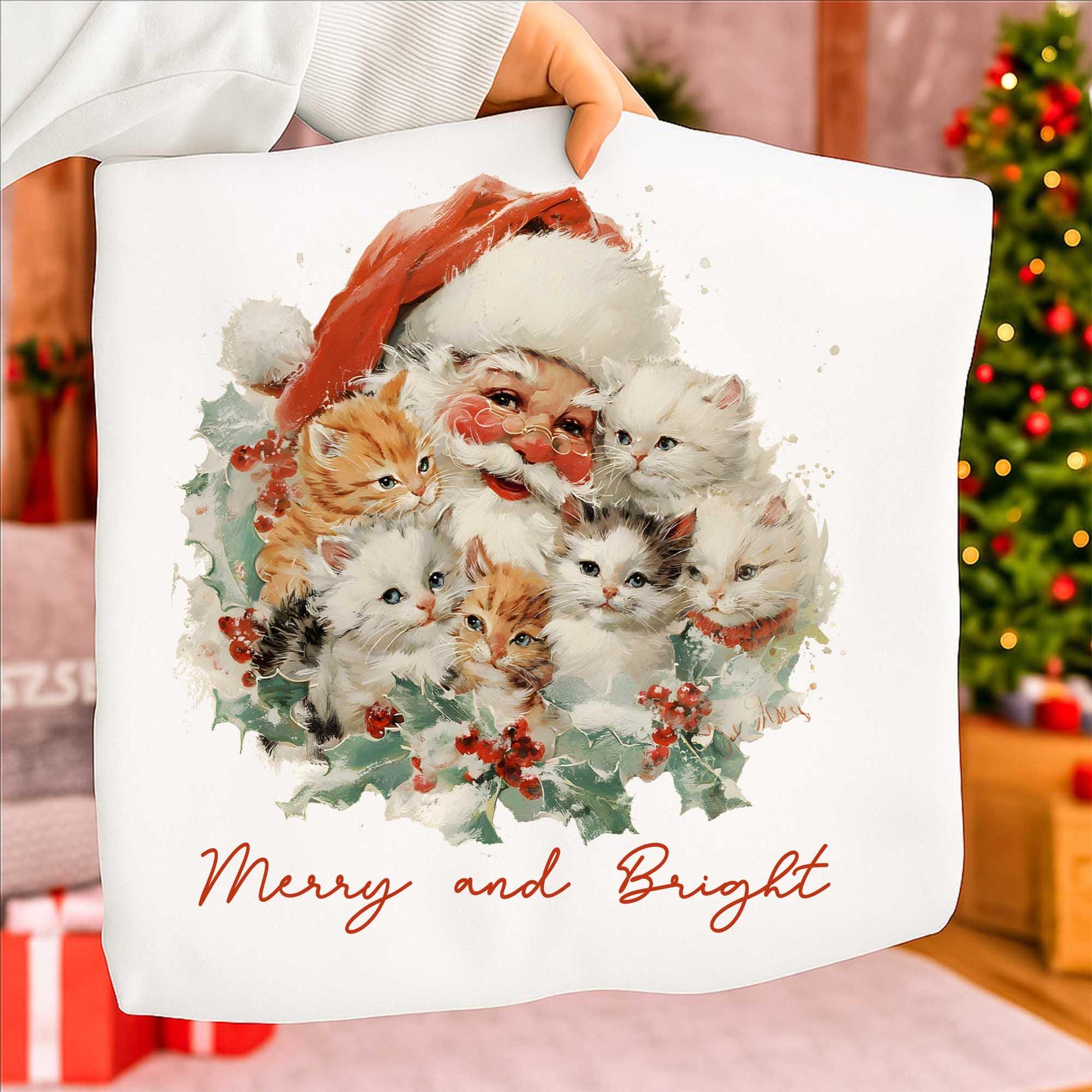 Merry and Bright Png, Christmas Santa and Cats Png, Vintage Santa Claus ...