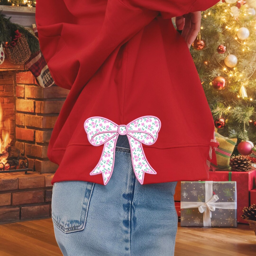 Side Bow Sweatshirt Embroidery Design, Glitter Bow Christmas Embroidery ...
