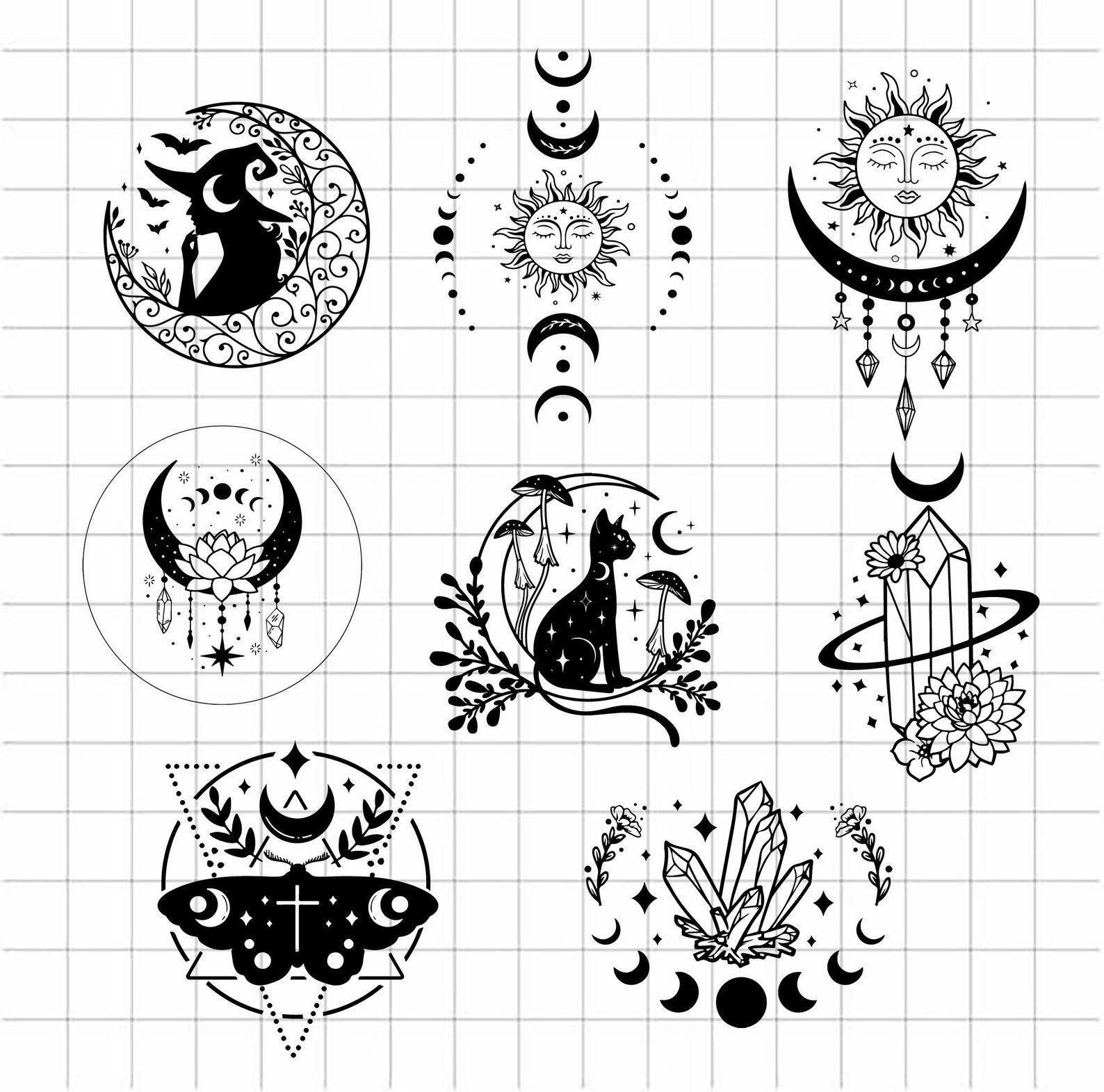 Witchcraft Pagan Wiccan Moon Phases Crystal Bundle Svg, Halloween Witch ...