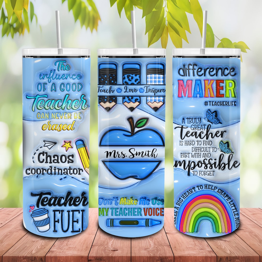 Personalized Blue Teacher 20oz Skinny Tumbler Png, 3D Inflated Teacher ...