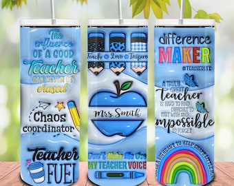 Personalized Blue Teacher 20oz Skinny Tumbler Png, 3D Inflated Teacher ...