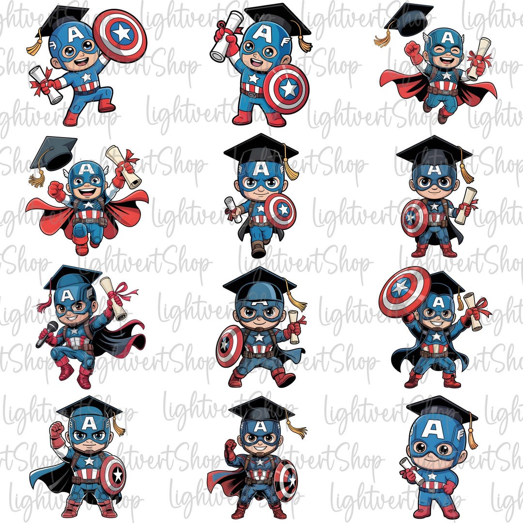 Hero Characters Graduation 2025 Png Bundle, Cute Cartoon Graduation Cap ...