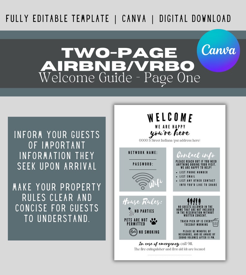 Airbnb Two Pages Quick Welcome Guide Fillable and Editable - Etsy