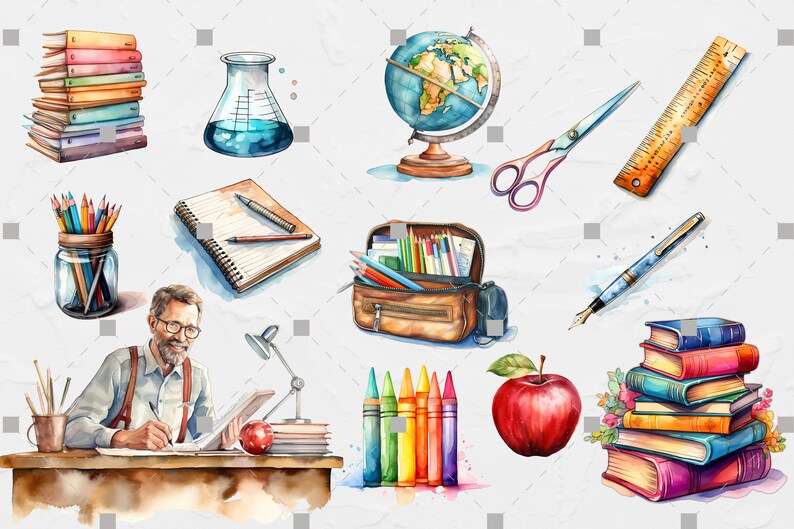Back to School Clipart, Watercolor Back to School Clip Art, Classroom ...