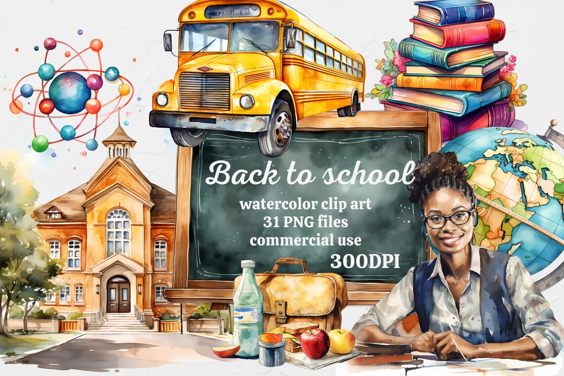 Back to School Clipart, Watercolor Back to School Clip Art, Classroom ...