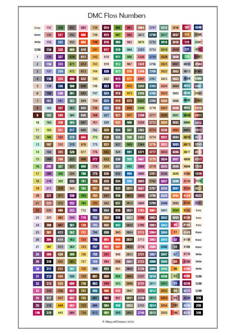 DMC Floss Number & Color Chart PDF Download - Etsy