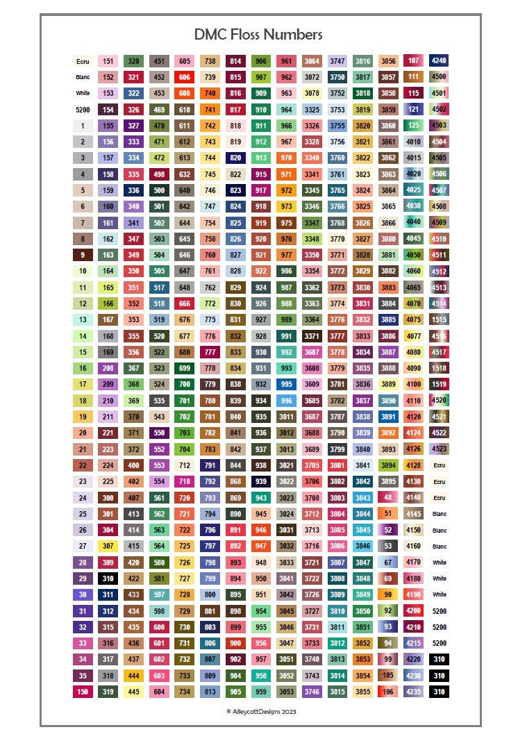 DMC Floss Number & Color Chart PDF Download - Etsy