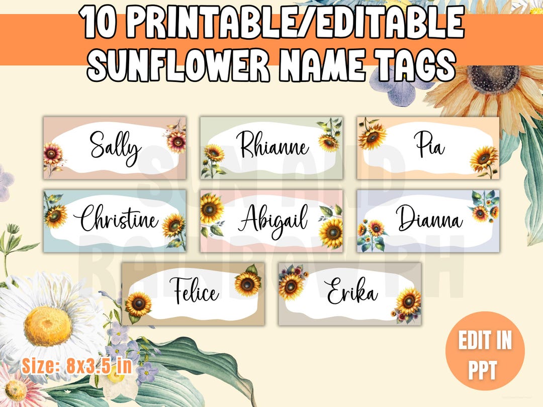 Editable Sunflower Name Tags, Sunny Sunflower Name Tags, Party Name ...
