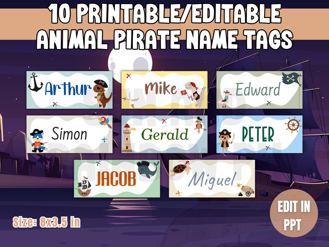Editable Animal Pirate Name Tags, Ocean Adventurer Name Tags, Party ...