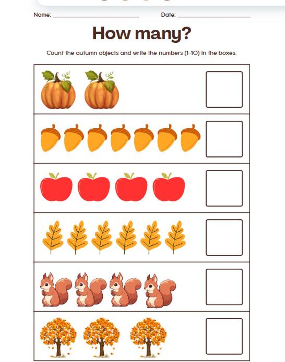 Autumn Counting Worksheet Printable – Fall-themed Counting Activity for ...
