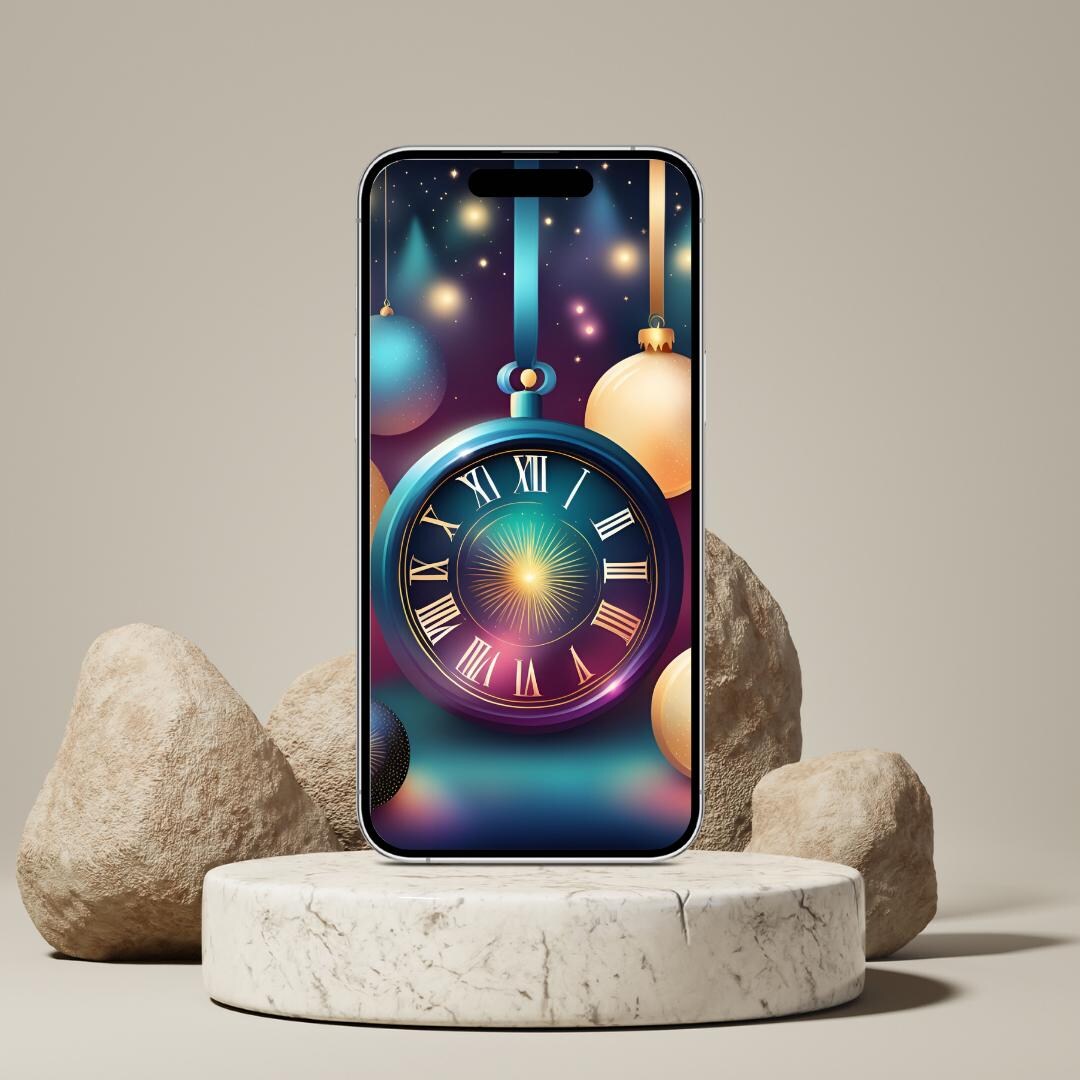 New Year Countdown Phone Wallpaper | Festive Clock & Ornament Digital ...
