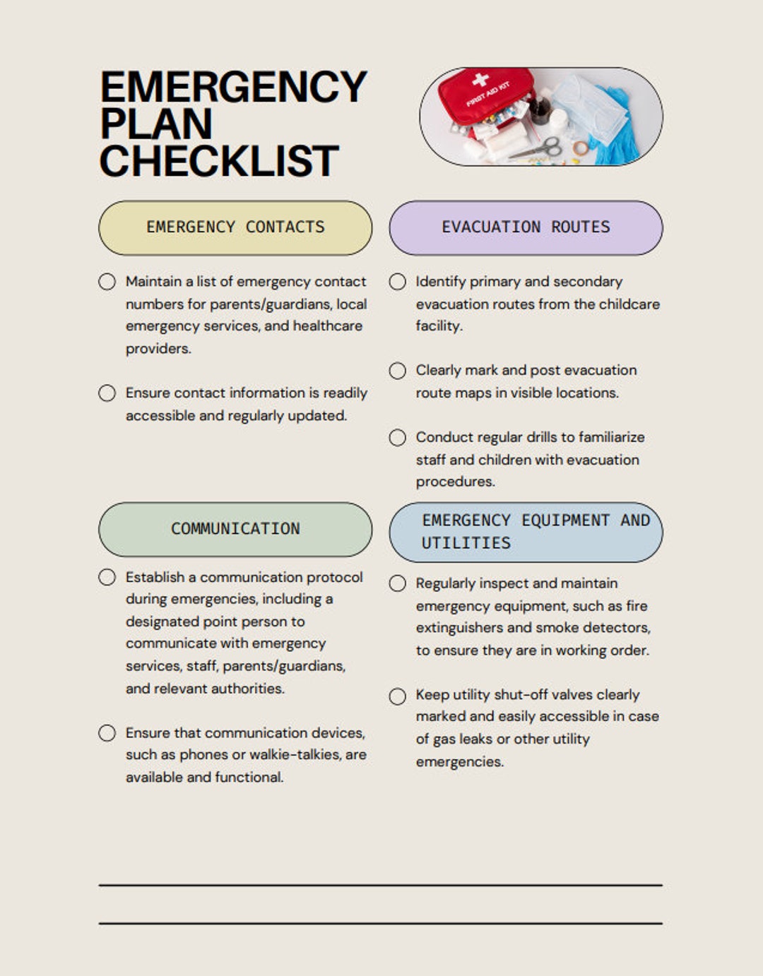 Emergency Plan Checklist for Childcare Providers Ensuring - Etsy