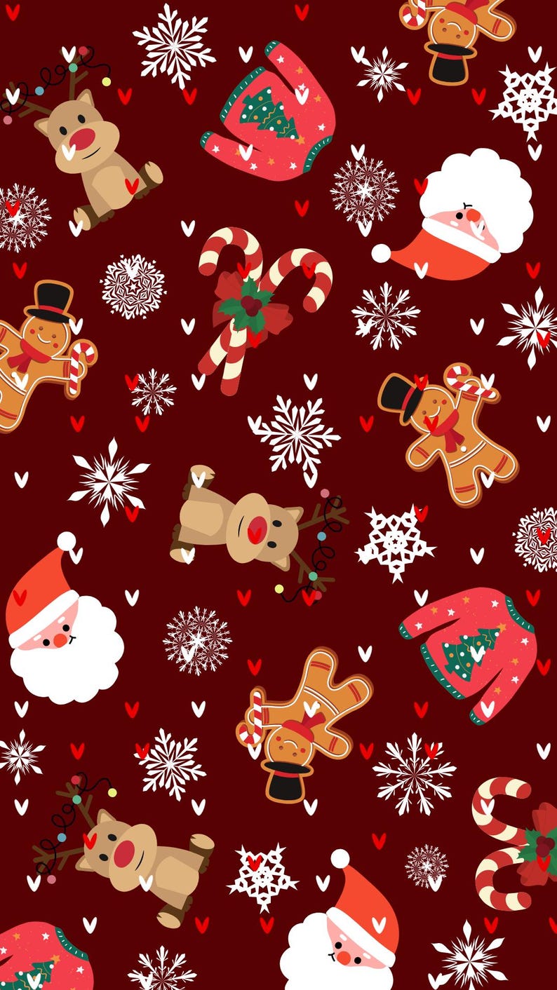 Festive Christmas Pattern Phone Wallpaper - Cute Holiday Icons on Red Background - Etsy