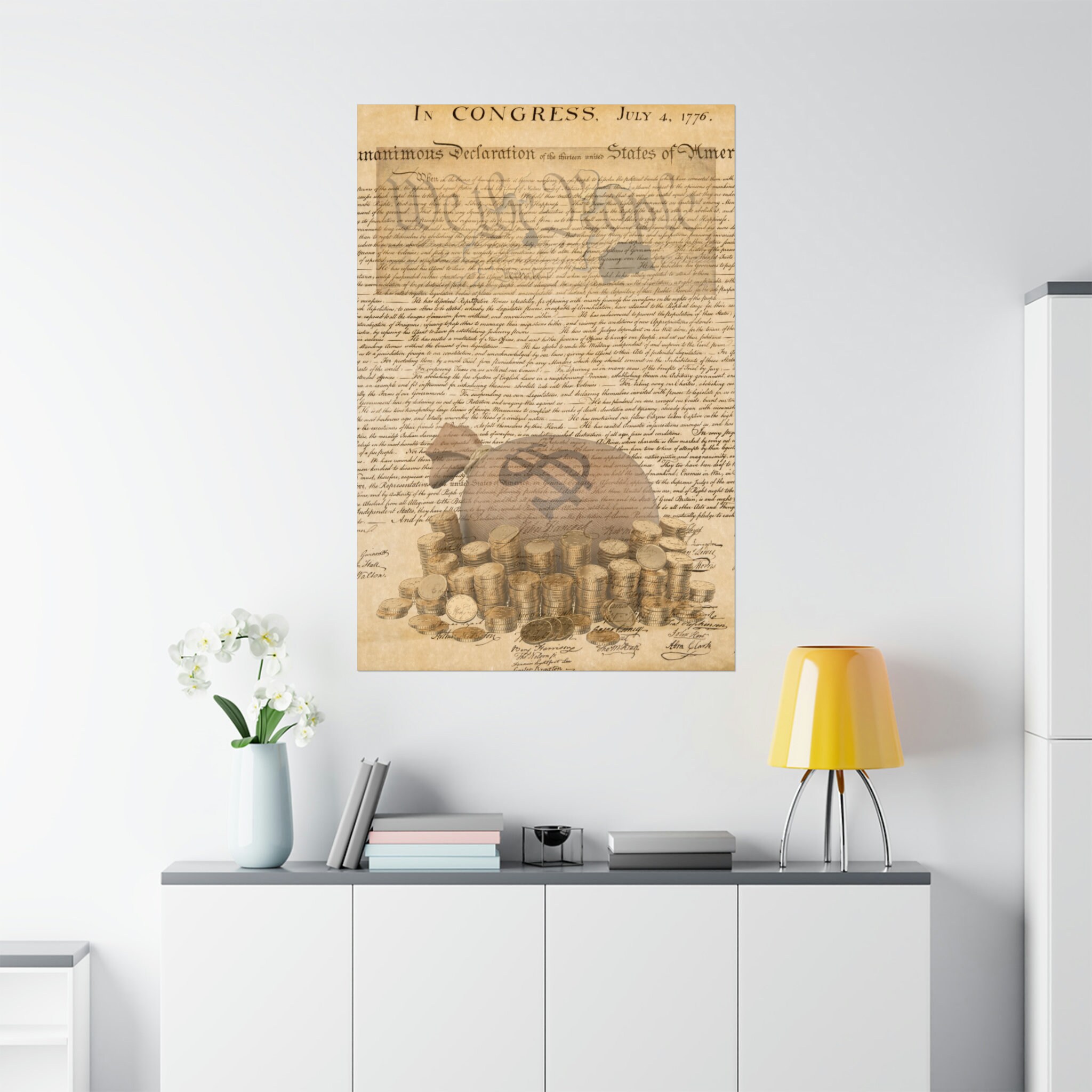 Vintage Wealth Declaration Poster: Elegant Money Bag and Gold Coins ...