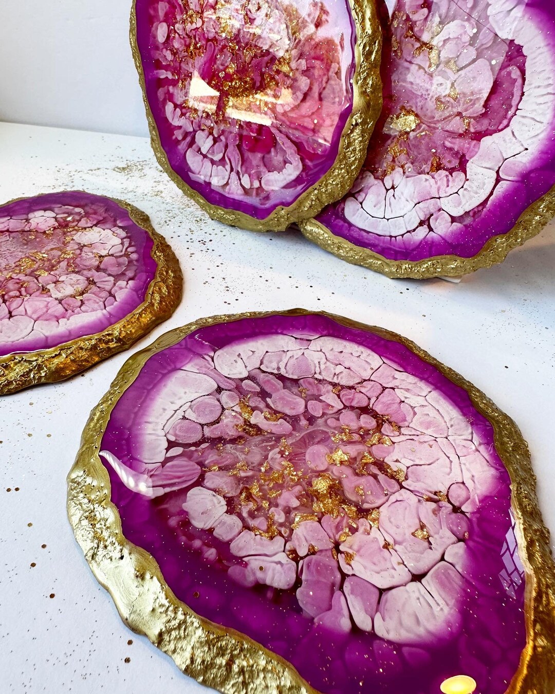 Pink and Gold Coasters With Stone Edge. Coaster, Barbie Coaster, Epoxy ...