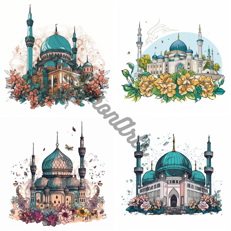 Eid Mosque Illustration, Eid Bundle, Mosque Eid Mubarak Floral Clipart ...