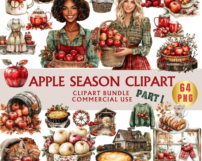 Apple Orchard Watercolor Clipart Bundle: Fall Farmhouse PNG Graphics ...