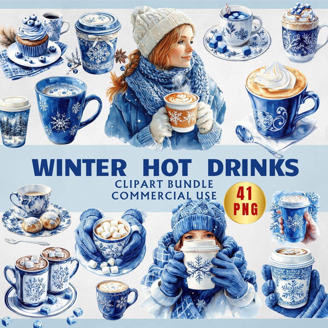 Winter Hot Drinks Clipart Bundle Blue Mug Art Cocoa PNG Festive ...