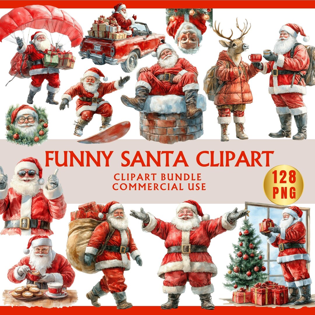Santa & Reindeer Clipart Bundle: 128 PNG Christmas Graphics (commercial ...