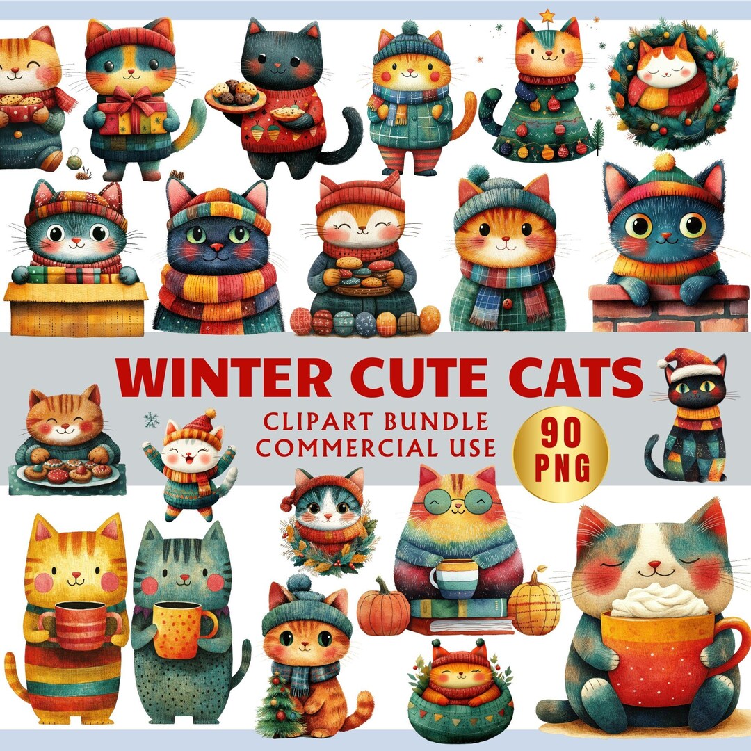 Winter Cats Clipart Bundle, 90 PNG Watercolor Christmas Cat ...