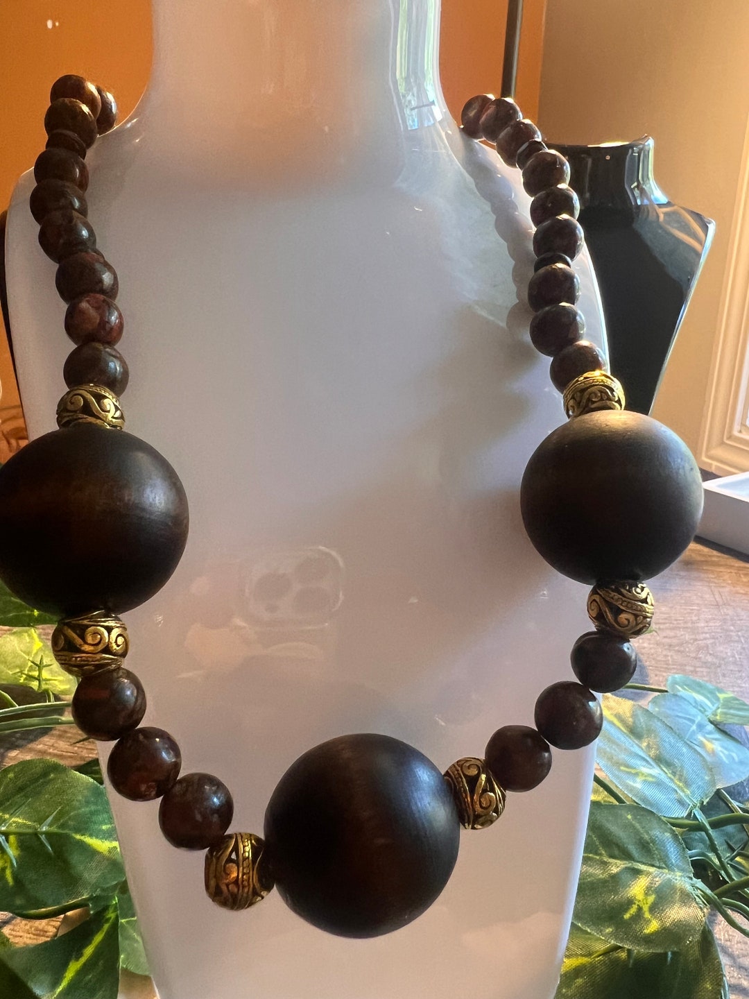 Wood and Gold Accent Necklace - Etsy