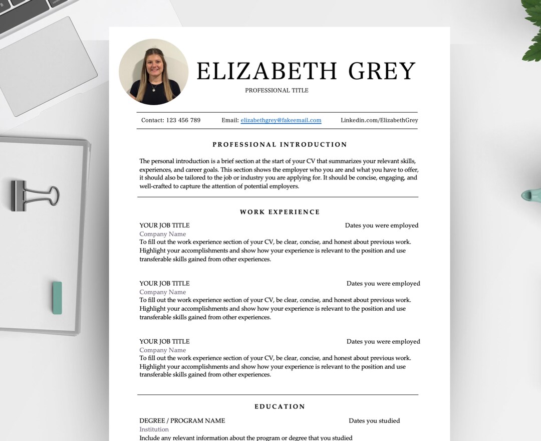 Resume Template CV Resume With Photo, CV Template With Photo, Cover Letter With Picture, Word ...