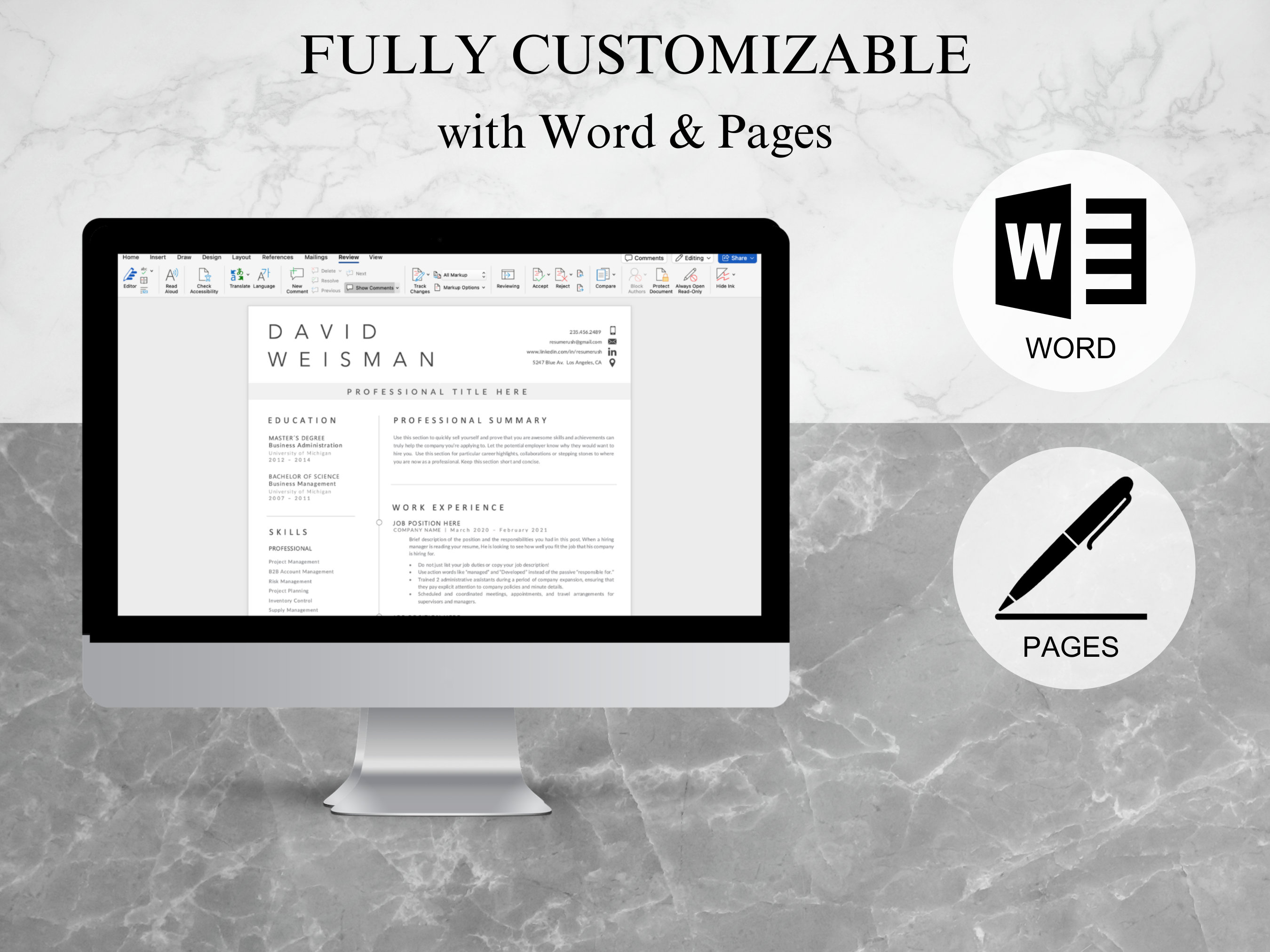 Clean Modern Resume Template Word, Apple Pages Mac CV Template ...