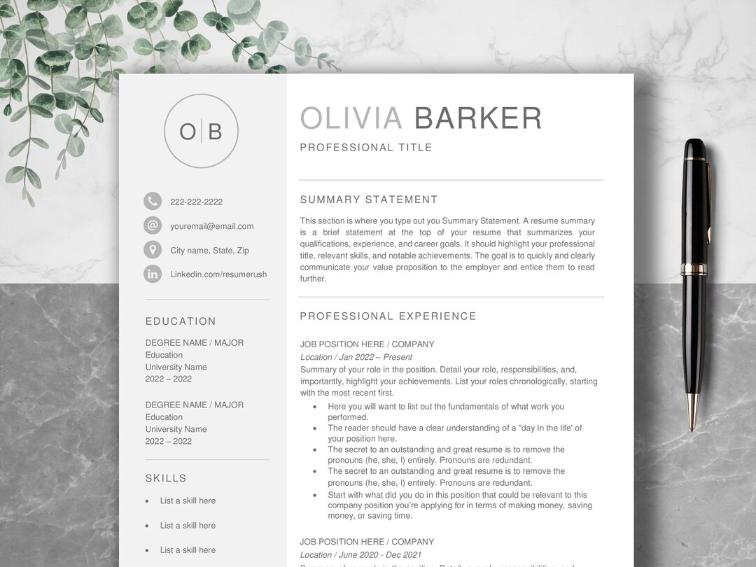 Modern Resume Template: Clean CV Design (microsoft Word, Apple Pages ...