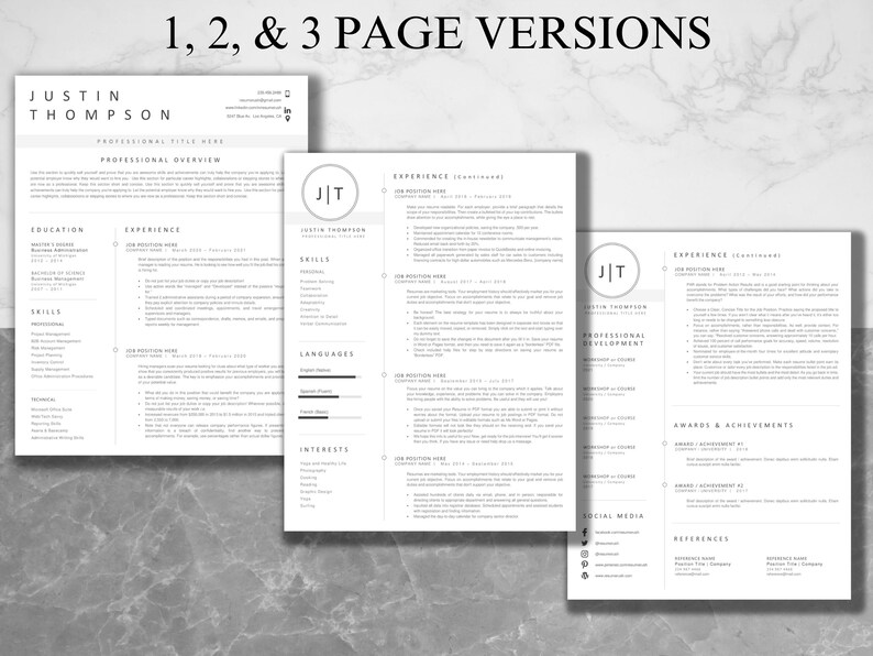 Professional Resume Template for Word, Pages | 1, 2, 3 Pages | CV ...
