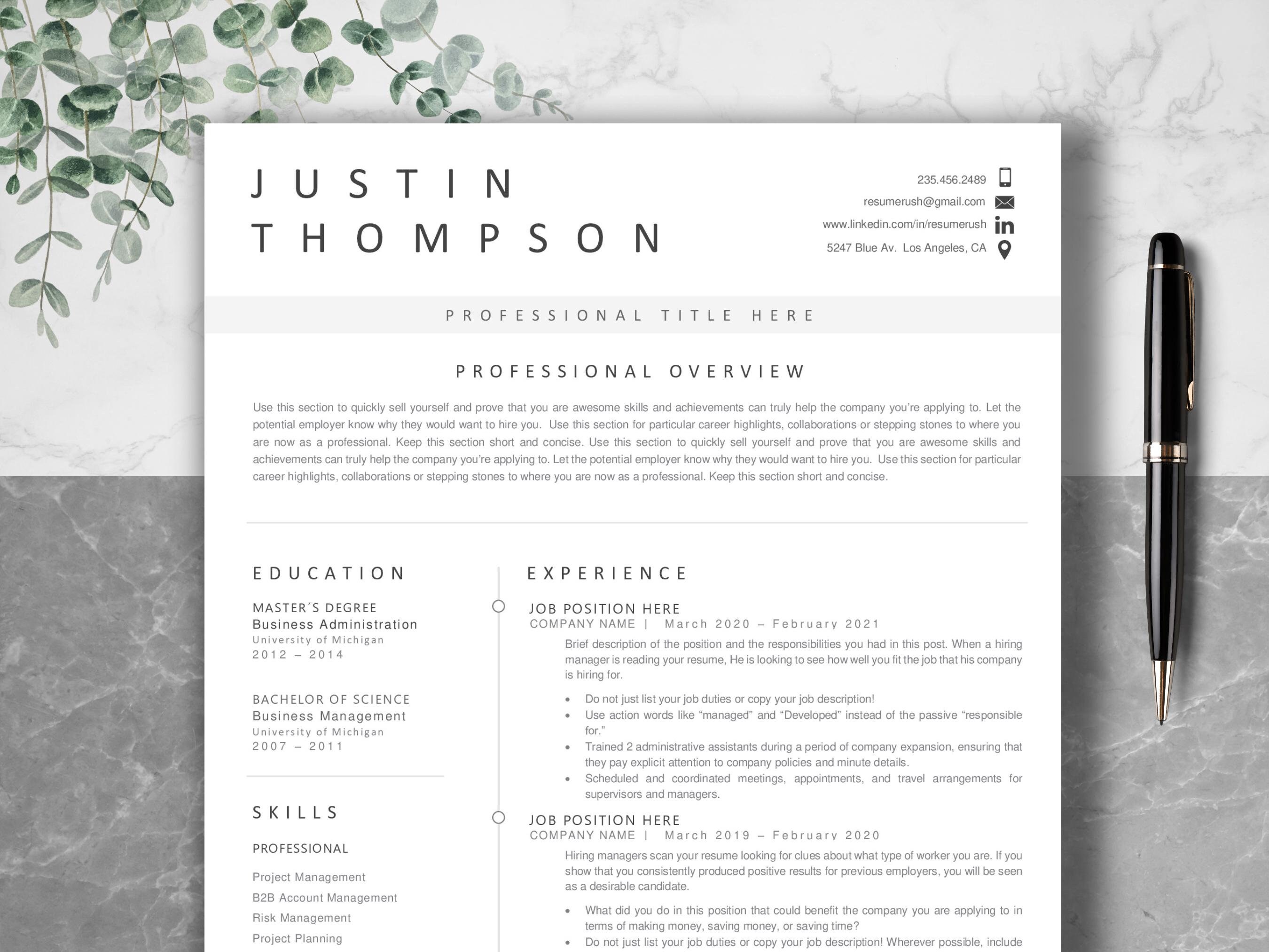 Professional Resume Template for Word, Pages | 1, 2, 3 Pages | CV ...