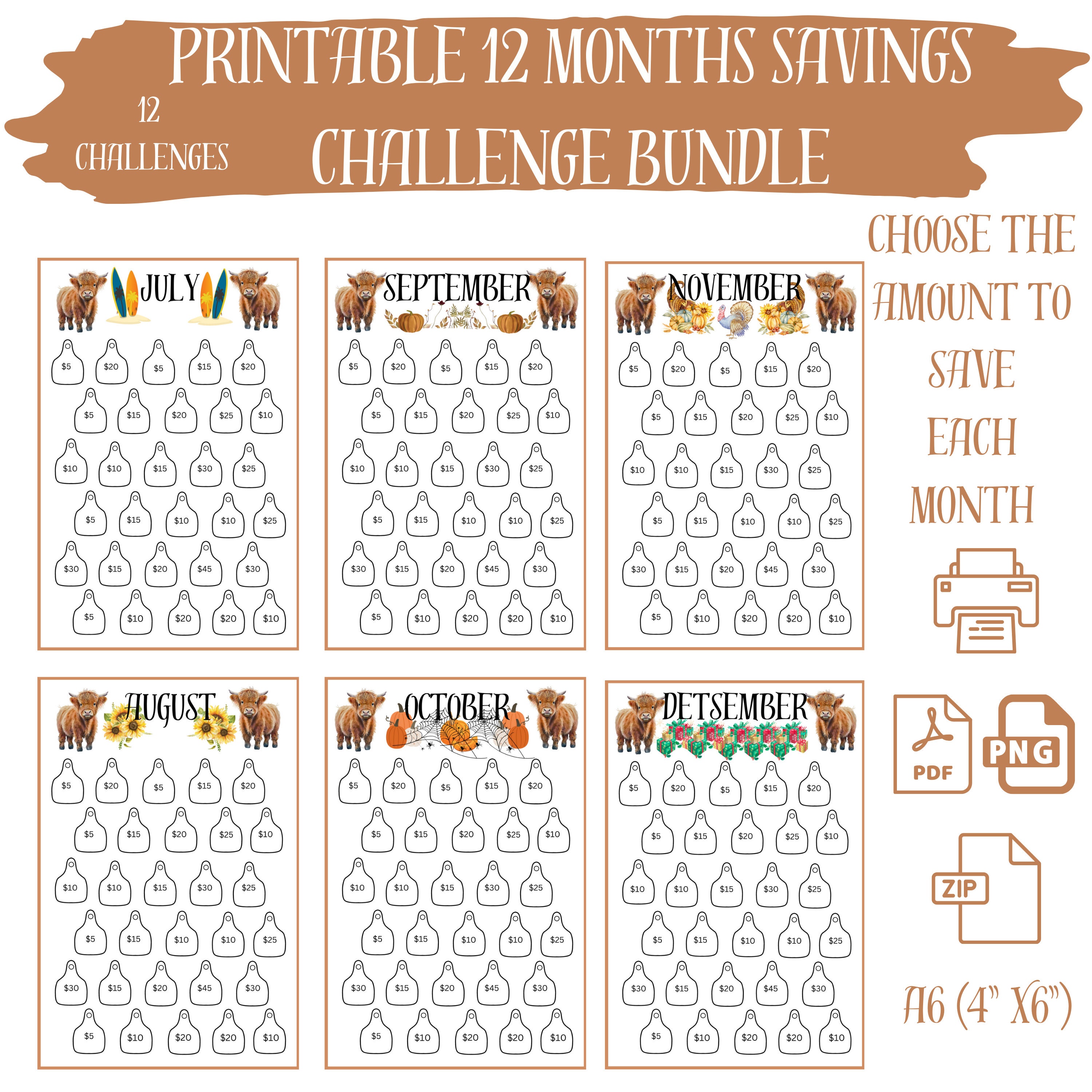 Printable Highland Cow 500 Monthly Savings Challenge, Mini Savings ...
