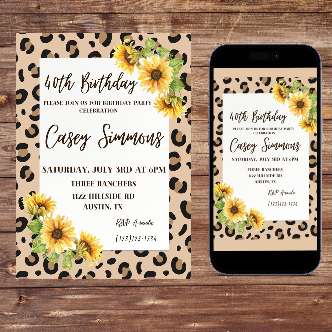 Editable Leopard Print Sunflower 40th Birthday Any Age Birthday ...
