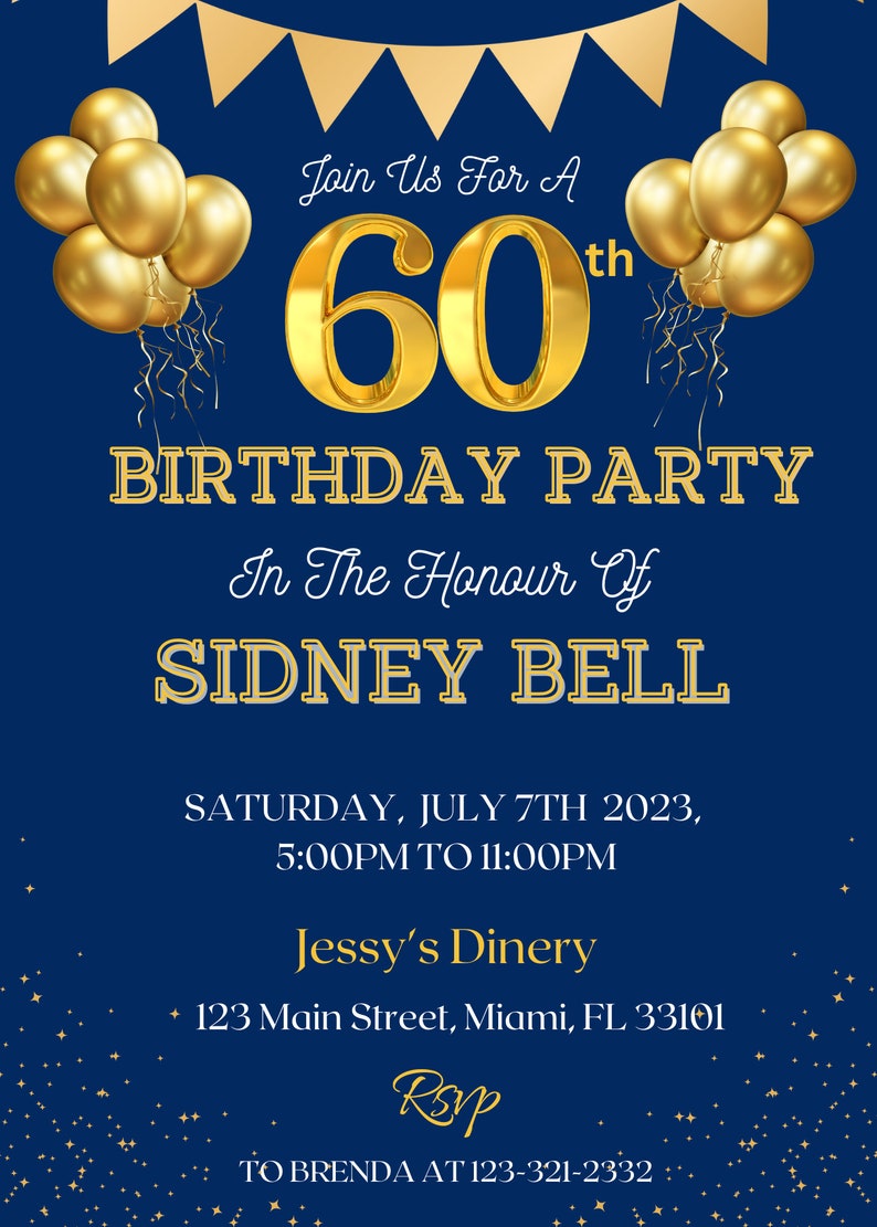 Editable Golden Balloons 60th Birthday Invitation Digital Template ...